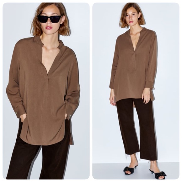 Zara | Tops | Zara Brown Tunic Shirt Blouse With Slits 947946 Size ...